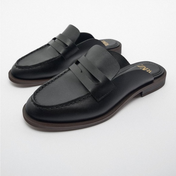 Zara | Shoes | Zara Black Leather Open Back Loafers Size 65 Nwt | Poshmark